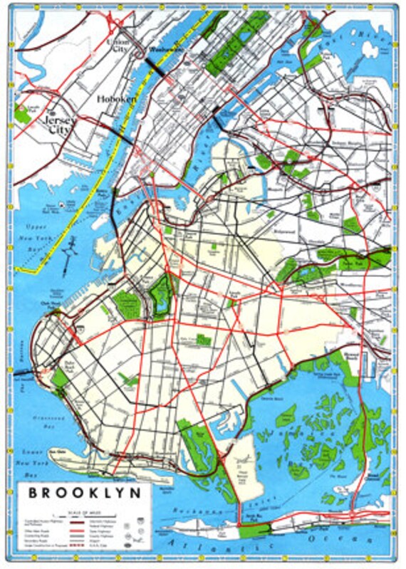 Brooklyn Map Vintage 1960s Art Illustration New York City NYC