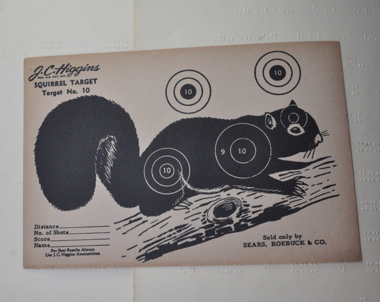 Vintage J.C. Higgins Squirrel Target Paper Target No. 10