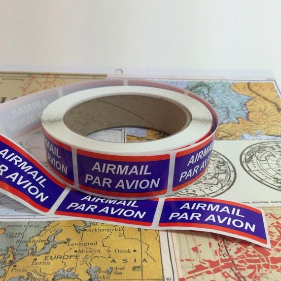 25 Air Mail Labels / Airmail Par Avion Blue Red Labels for
