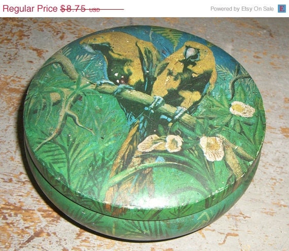 ON SALE Vintage Tin, Meister, Tin Can, Parrots, Green, Tin with Lid ...