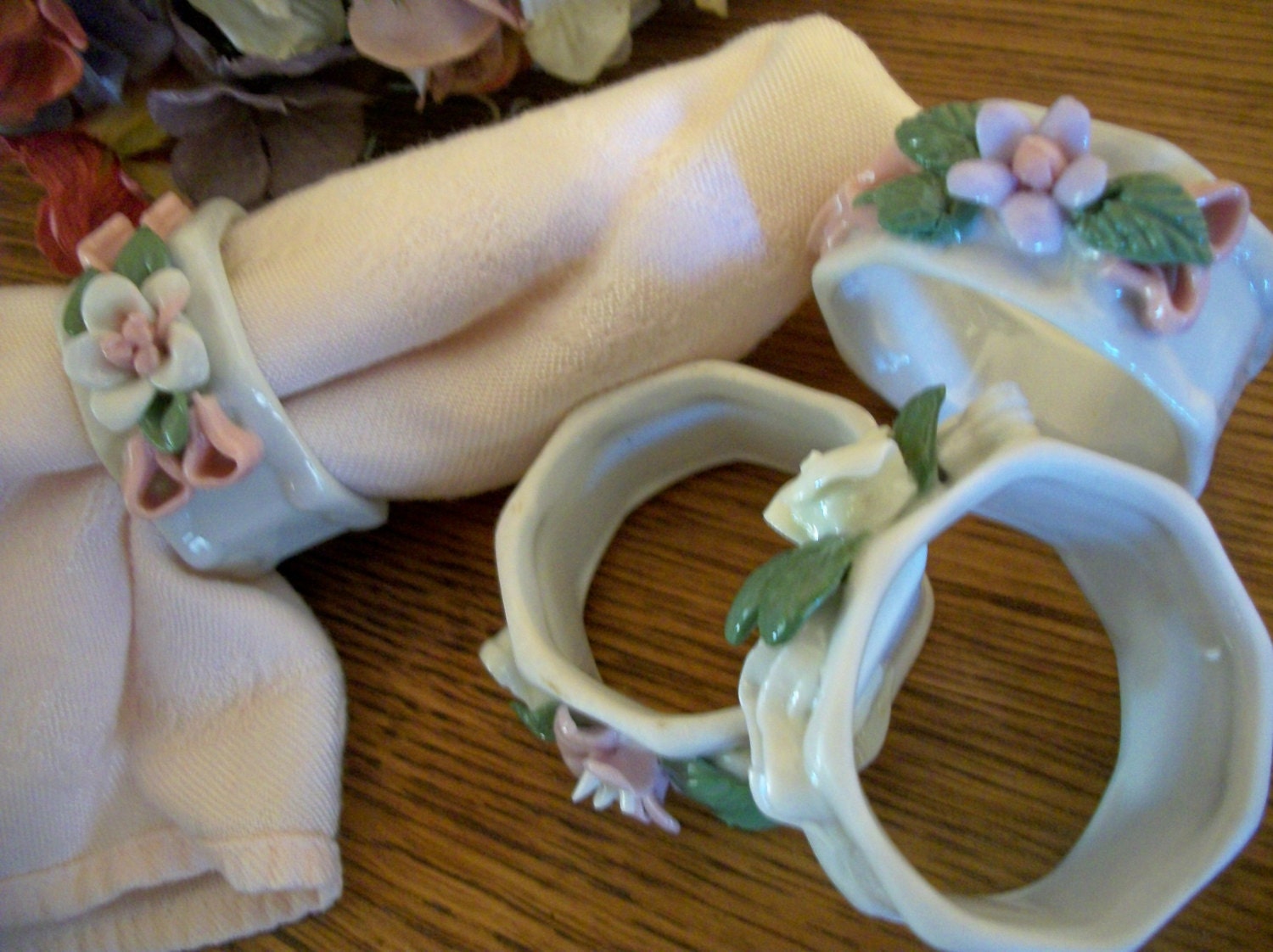 Napkin Rings Pastel Flowers White Porcelain by TKSPRINGTHINGS