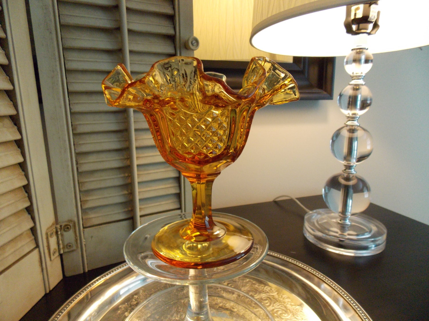 Vintage AMBER GLASS PEDESTAL Candy or Nut Bowl, Pressed Amber Glass ...
