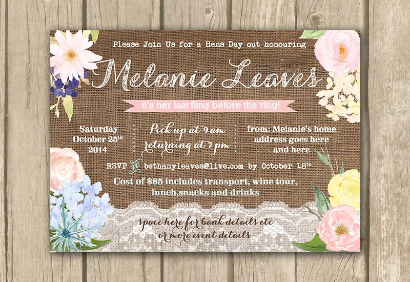 hens invitation, hens night party, wine tour invite, hessian lace ...