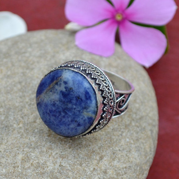 Natural Sodalite Gemstone Ring 925 Silver Solitaire Ring Natural Sodalite Gemstone Ring 925 Silver Solitaire Ring