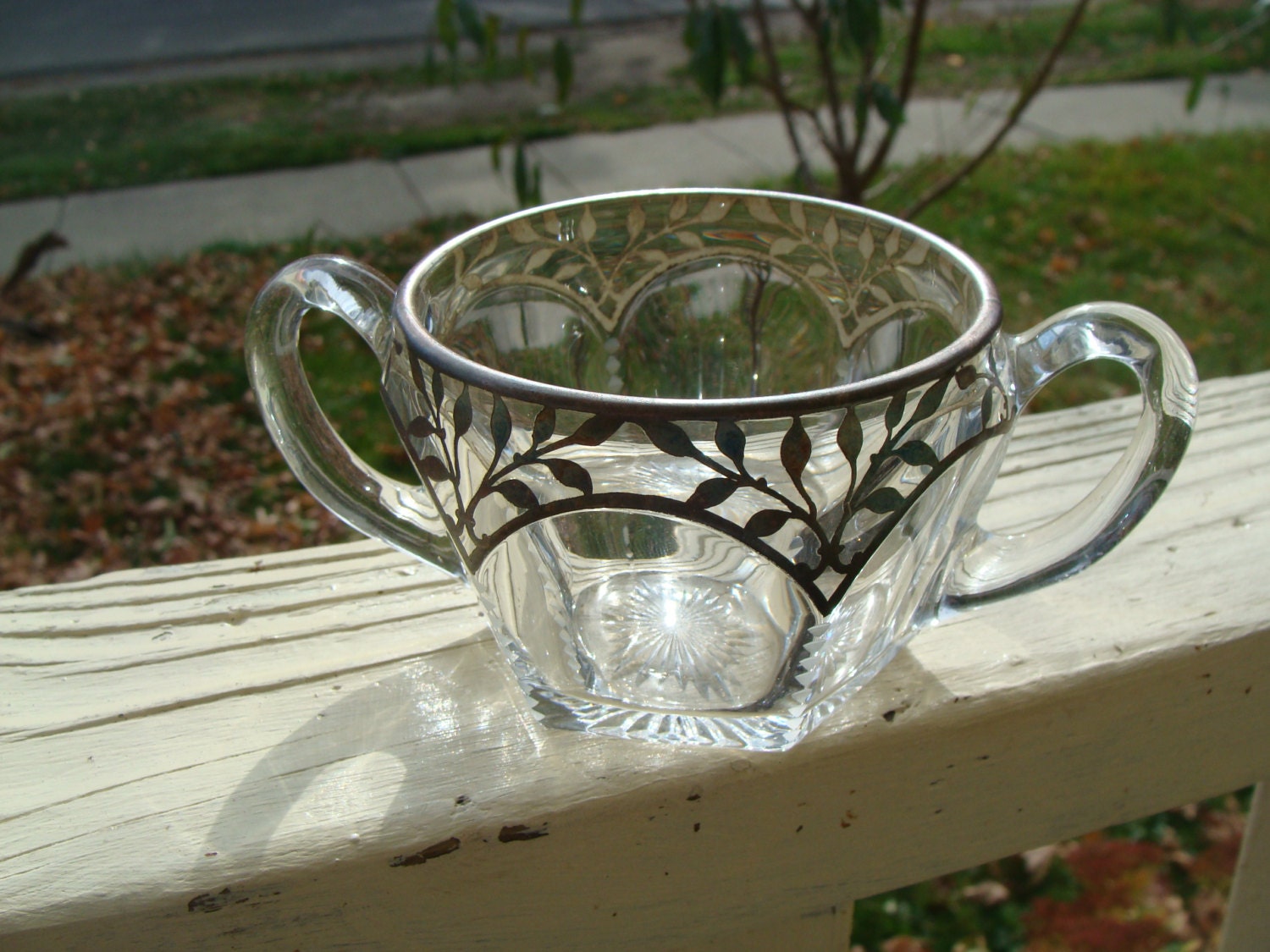 Antique Hand Blown Cut Clear Glass Open Sugar Bowl with Sterling Silver ...