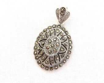 Art Deco Style Sterling Silver & Marcasites Pendant - 1.7 Inch long ...