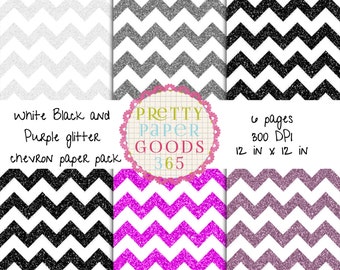 Black White and Purple Glitter Chevron Digital Scrapbooking Paper 12 ...
