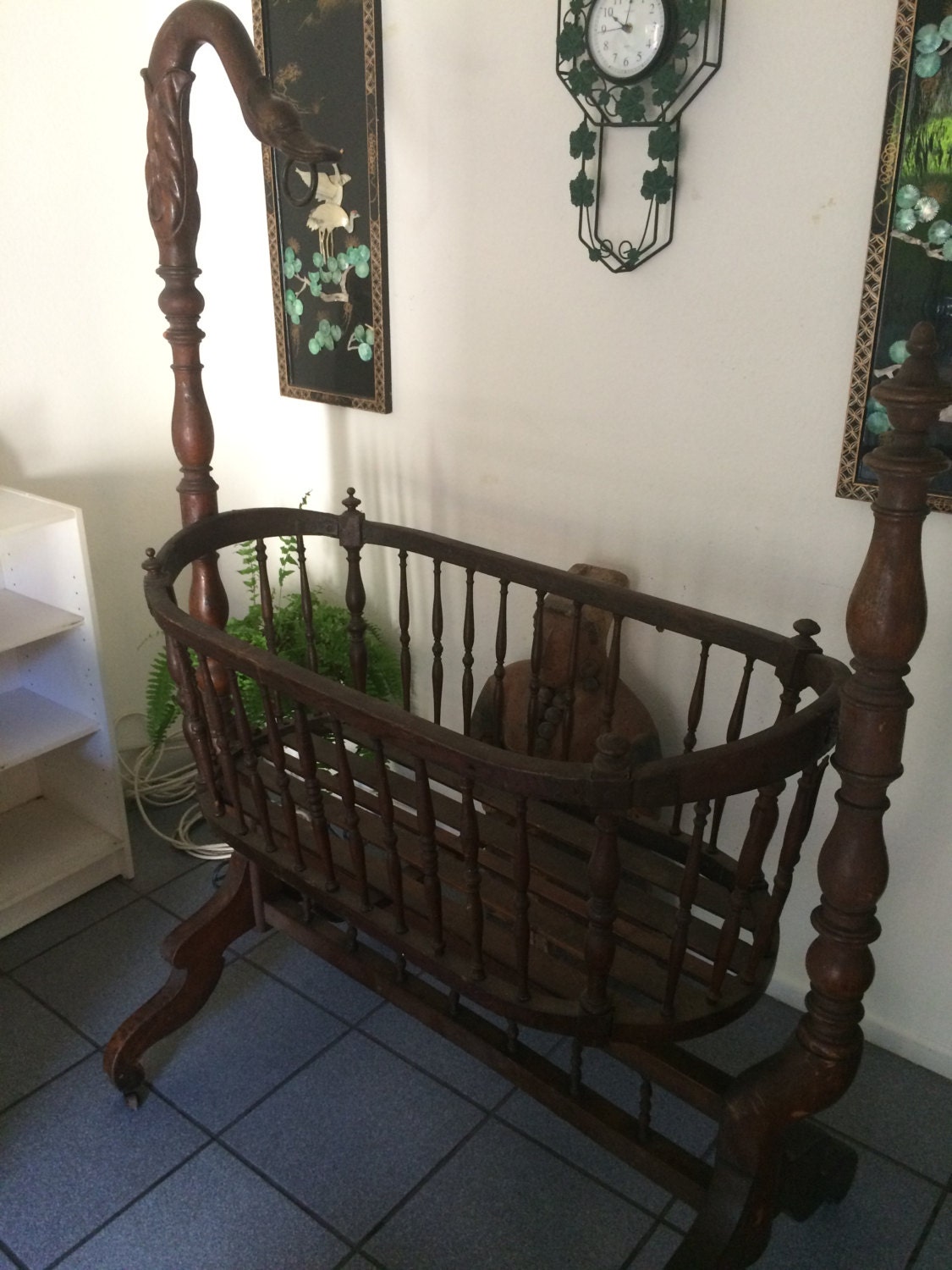 Antique handmade Mahogany European Continental rocking bassinette with ...