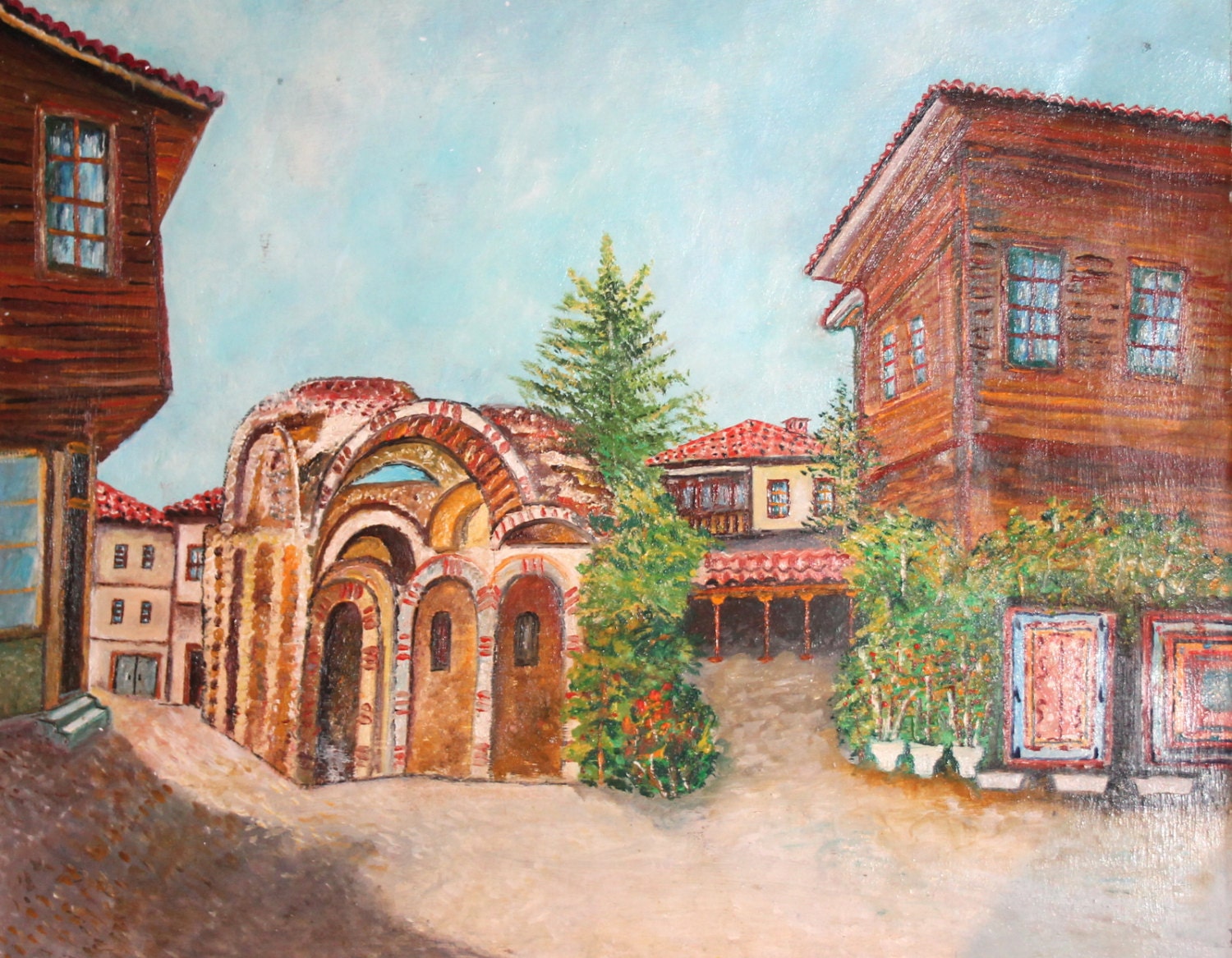 Vintage Bulgarian art townscape oil painting