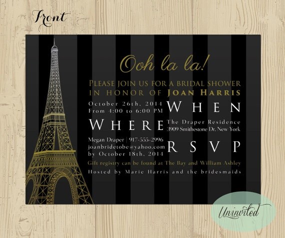 Gold Black Paris Themed Bridal Shower Invitation Bridal