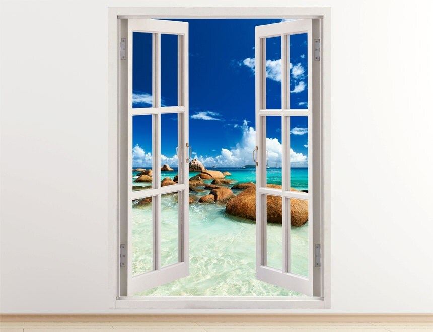 beach wall art vertical 3D window blue beach wall decal