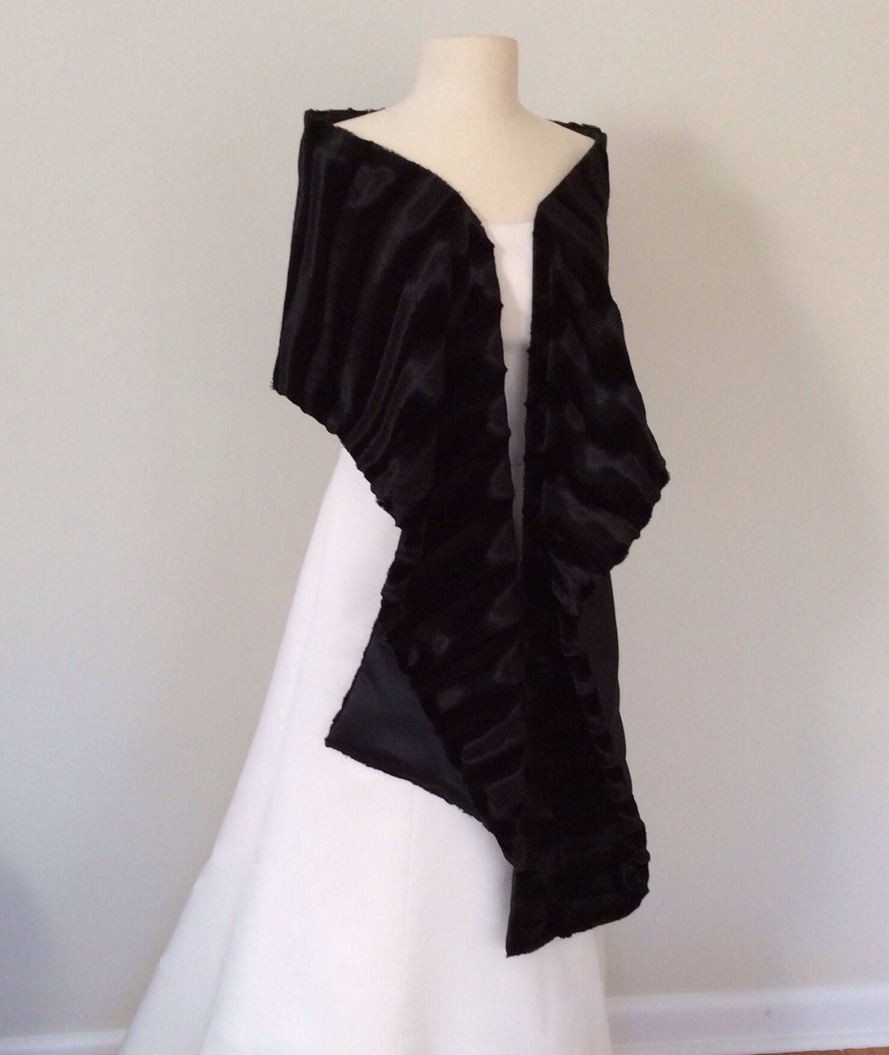 Black Faux Fur Stole Black Velvet Bridal Wrap Faux Fur