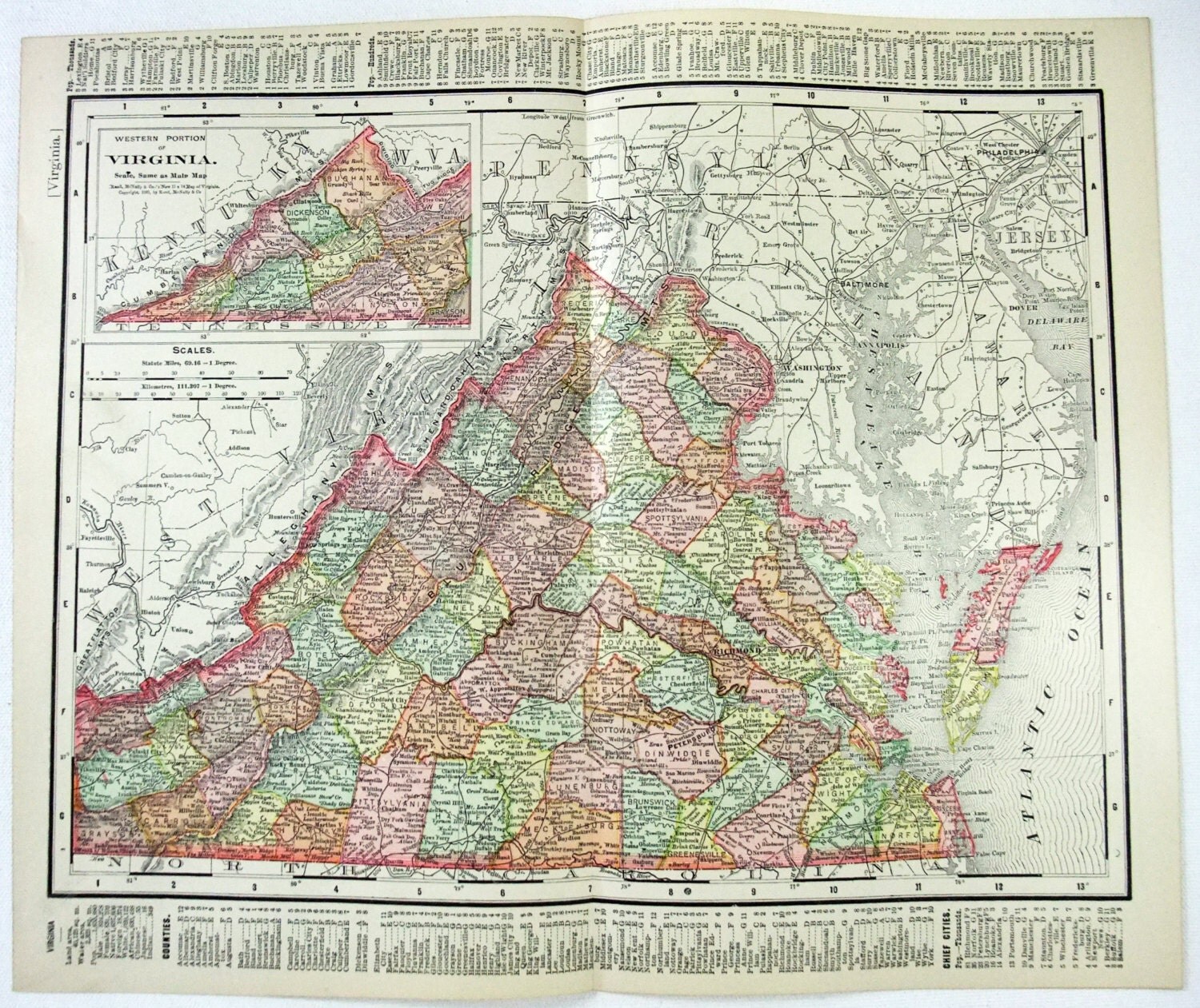 Vintage Original 1895 Map of Virginia by Rand McNally