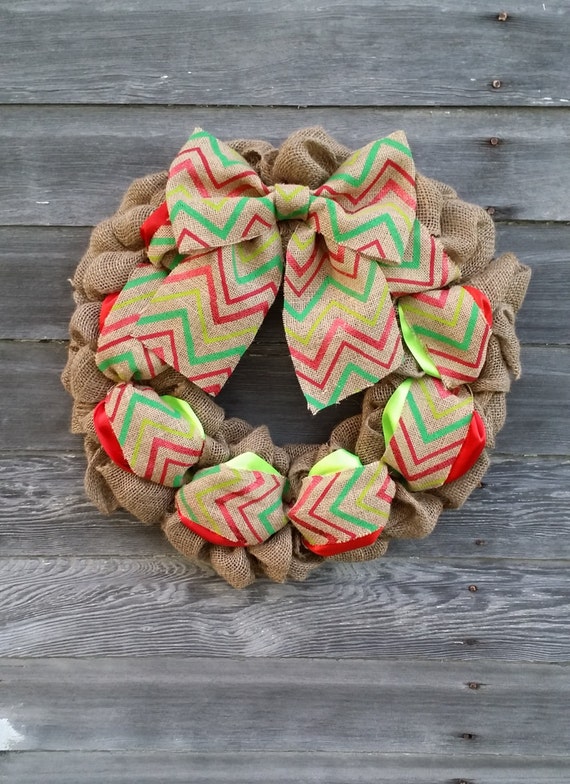 Items similar to Holiday Decor, Bright Christmas Wreath, Chevron ...