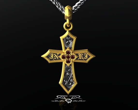 Large Solid Gold Diamond Gothic INRI Passion Cross. Revolver