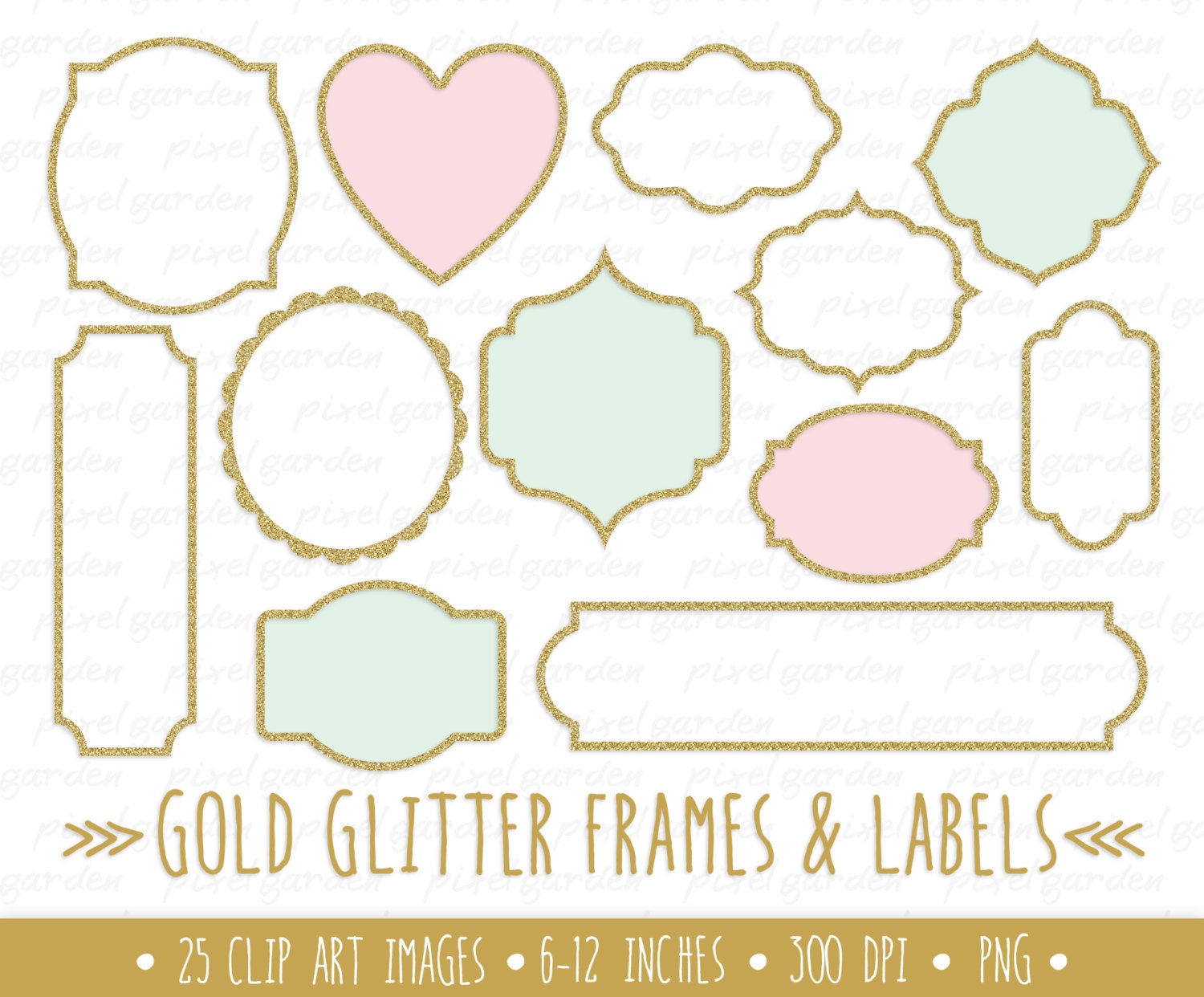 Gold Glitter Frames Clipart. Gold Glitter Labels Clip Art.
