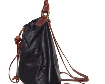 Black Leather Backpack / Leather Drawstring Bag / Black Drawstring ...