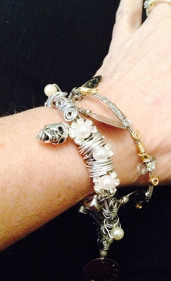 Handmade Guitar string bracelet with skulls. Wire wrap,Rock Recycled ...