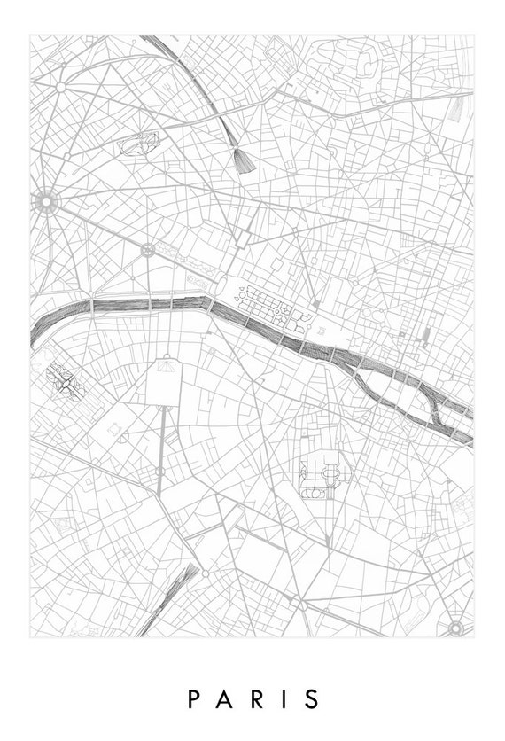 PARIS Map Street Map FRANCE City Map Drawing Black and White