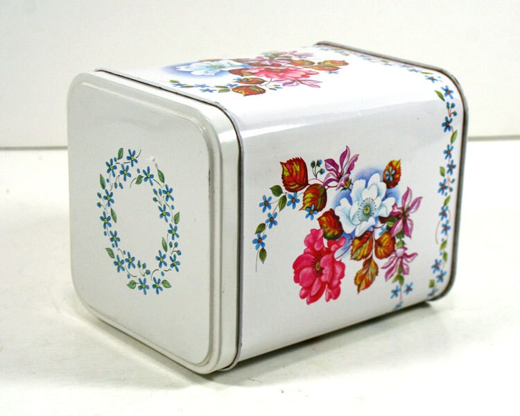 Vintage Metal Storage Tin – Square, White with Delicate Flowers – Haute ...