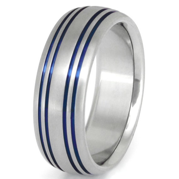 Thin Blue Line Titanium Wedding Band Stiped Blue Ring b15