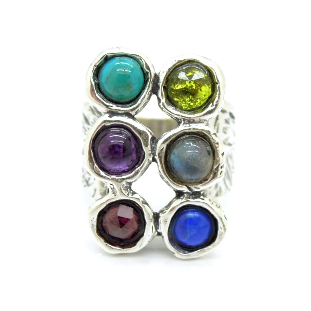 Large rectangle silver ring with gemstones