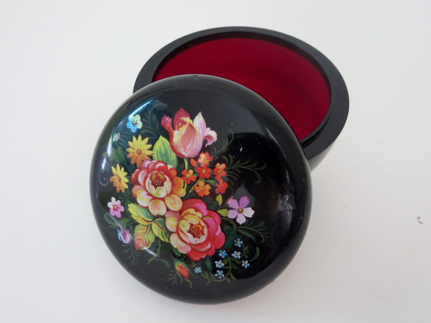 Trinket jewelry box – Hallmark retro round black plastic floral motif ...