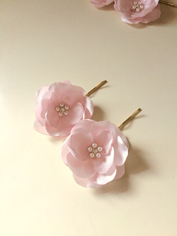 Items similar to Light Pink Satin Flowers Hair Pins Bridal Pins ...