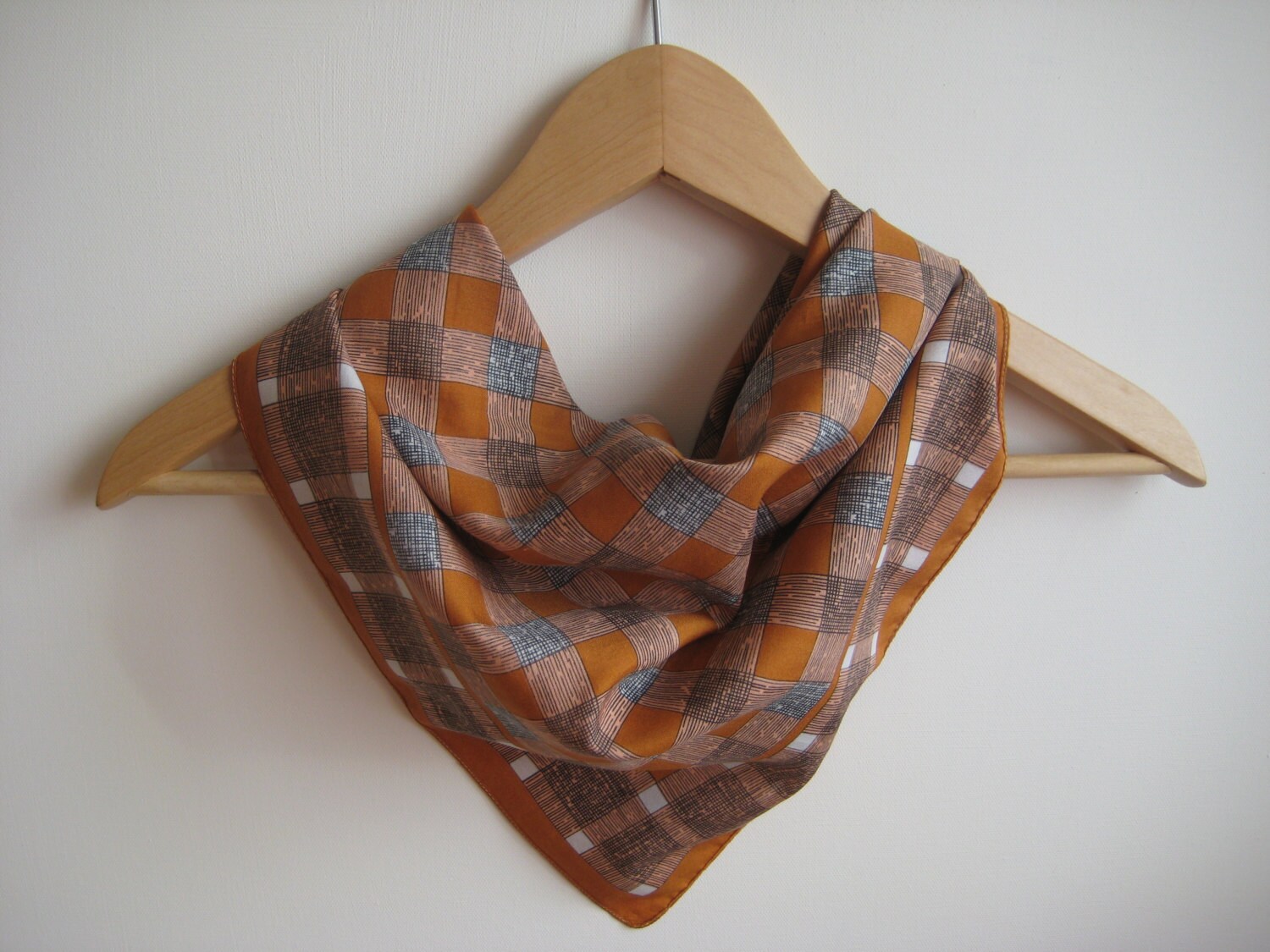 Vintage Scarf Great Design Rust White Squares Vintage Scarf