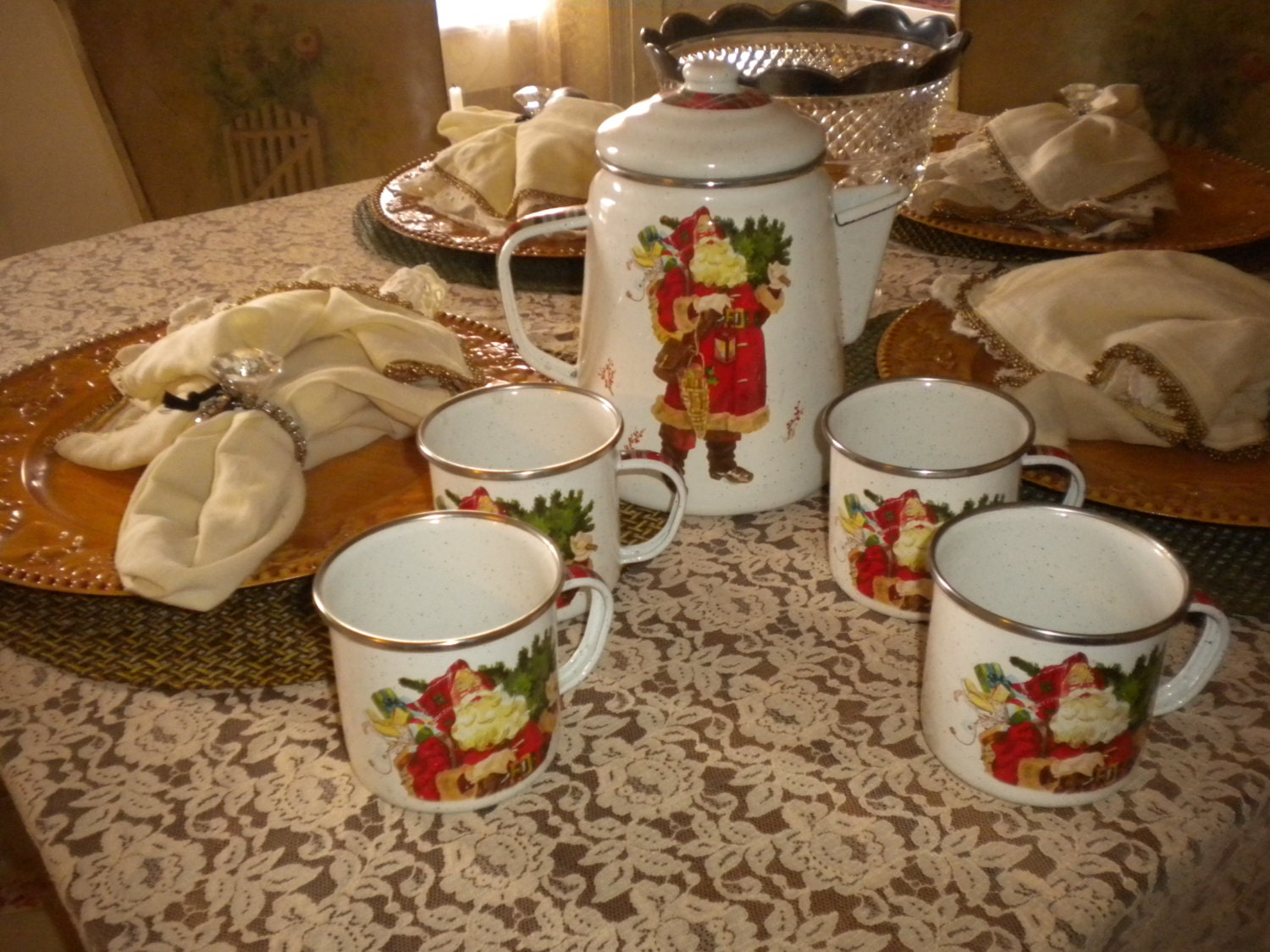 Lovely 5 pc. Tin Coffee Set, Eclectic Christmas, Christmas coffee pot ...