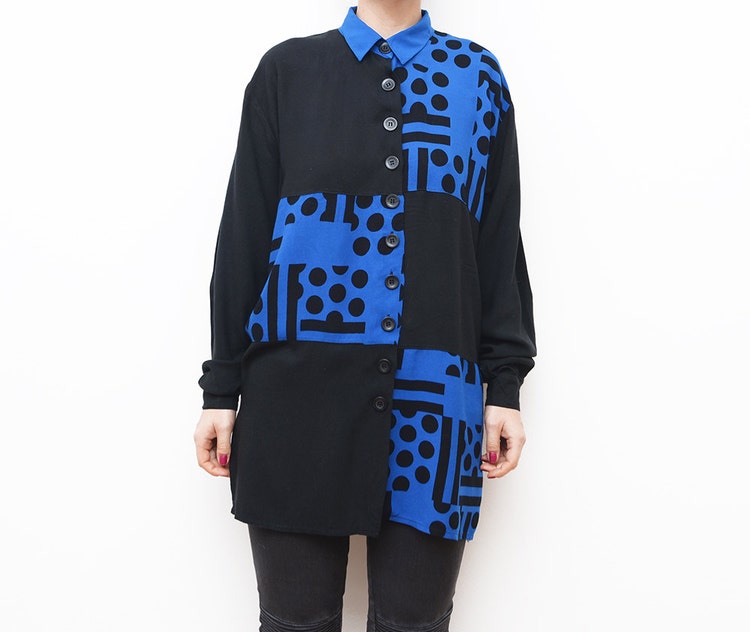 Vintage black button up long sleeve 80s women by ZvezdanaVintage