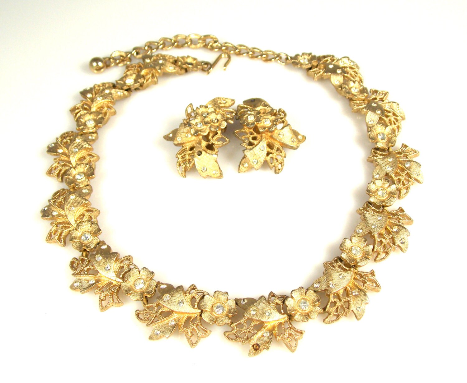 Vintage Kramer Floral Rhinestone Necklace Earrings Set Demi Parure ...