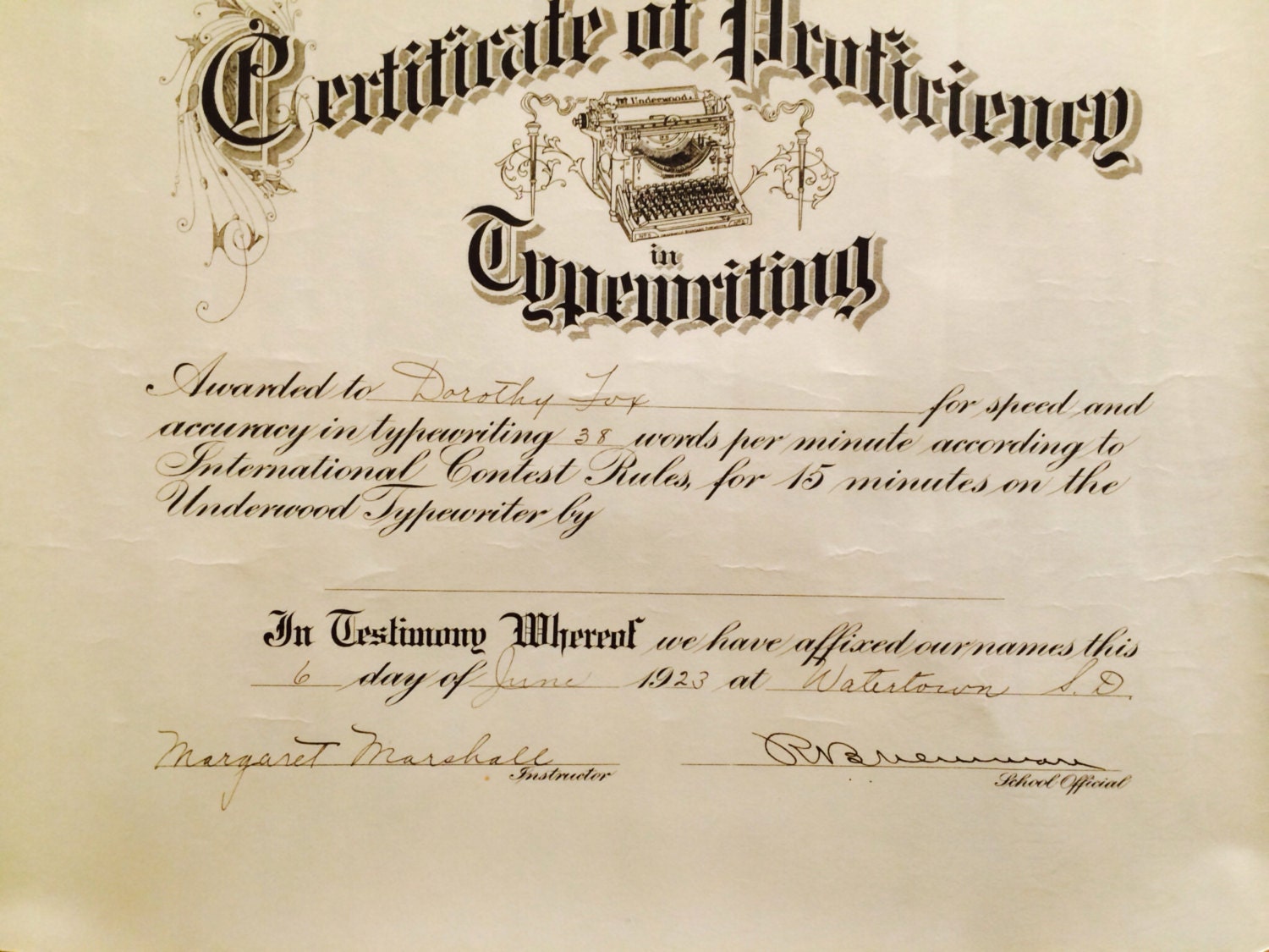 1923 Typewriting Proficiency, Certificate, Watertown, South Dakota ...