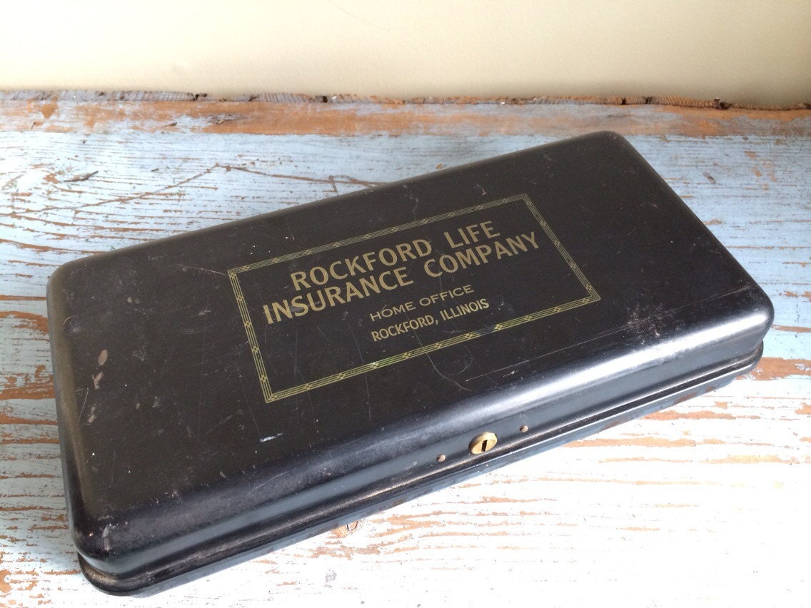 Vintage Metal Box Security Box Black Metal Box Rockford Life Insurance ...