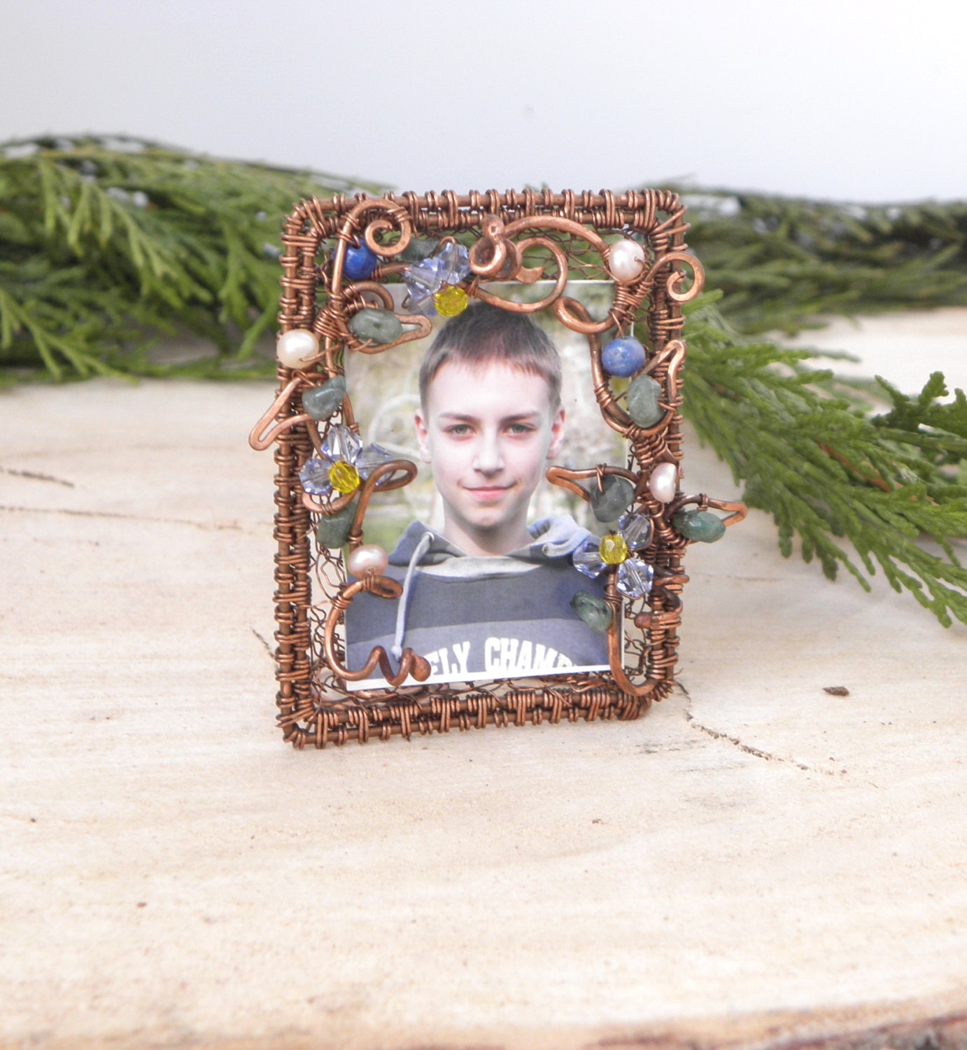 Small photo frame with flowers decor rectangular copper photo