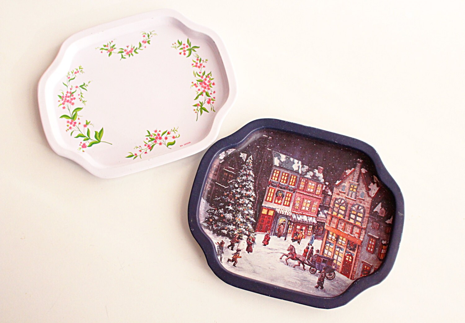 Swedish Vintage Metal Tray Set of 2, Oval Serving Plate with Floral and ...