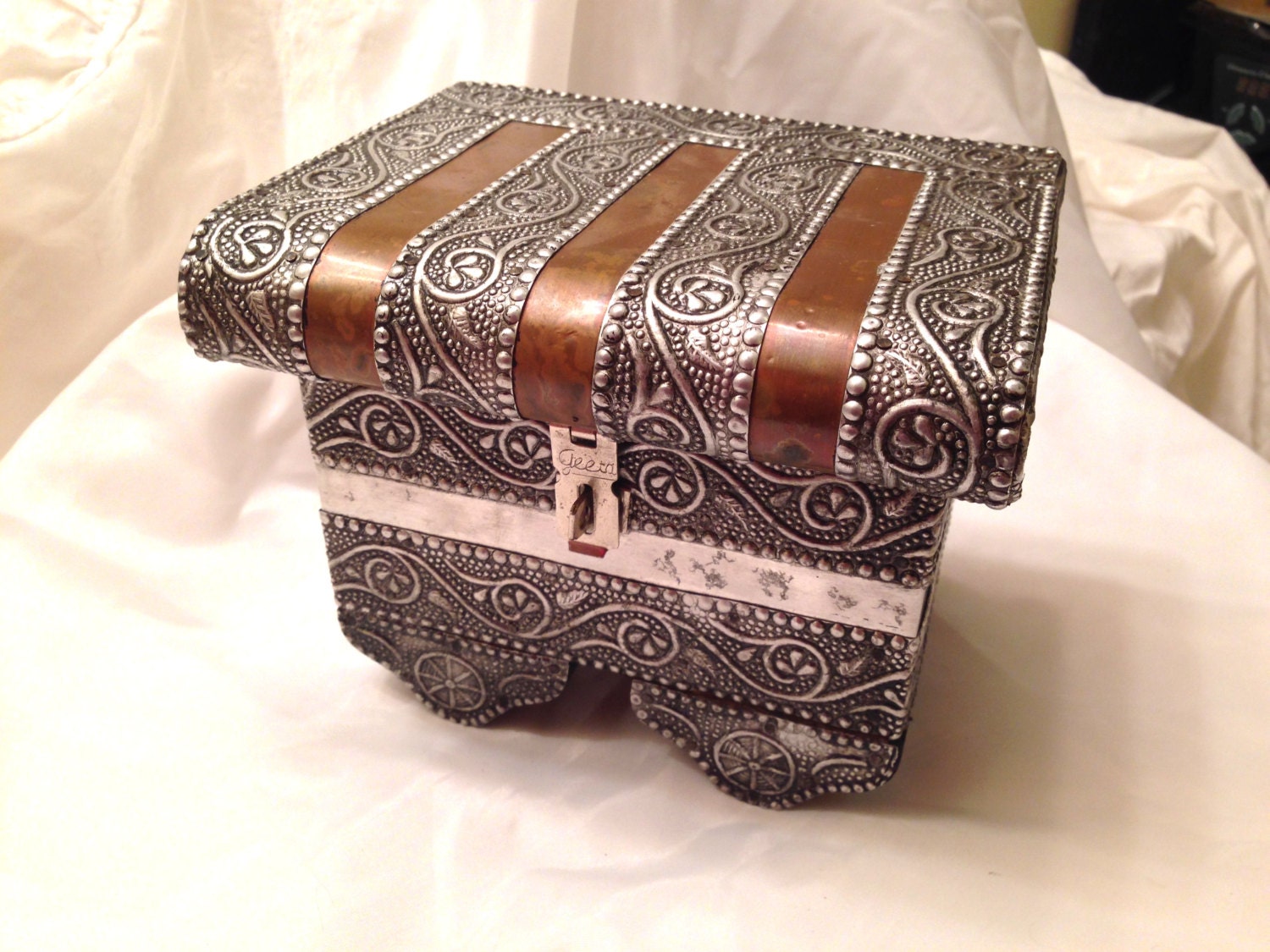 Estate Ornate Copper and Silver Metal on Wood Jewelry Box Made in India ...