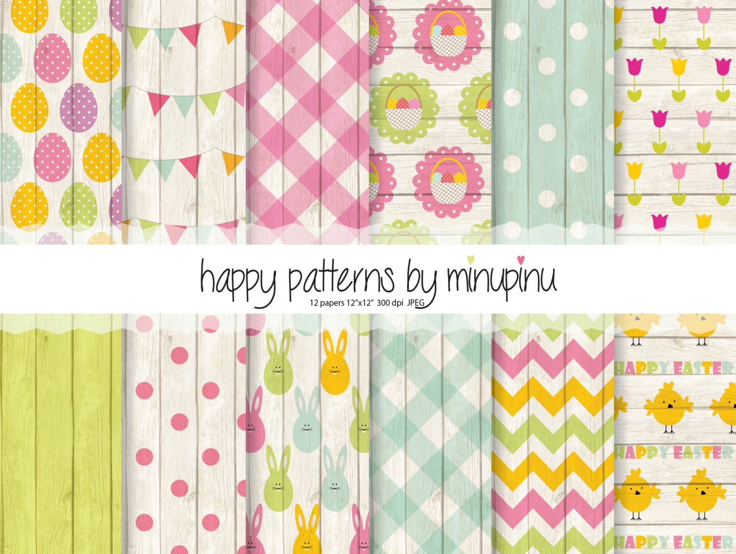 Easter Digital Paper Happy Easter Patterns on Wood