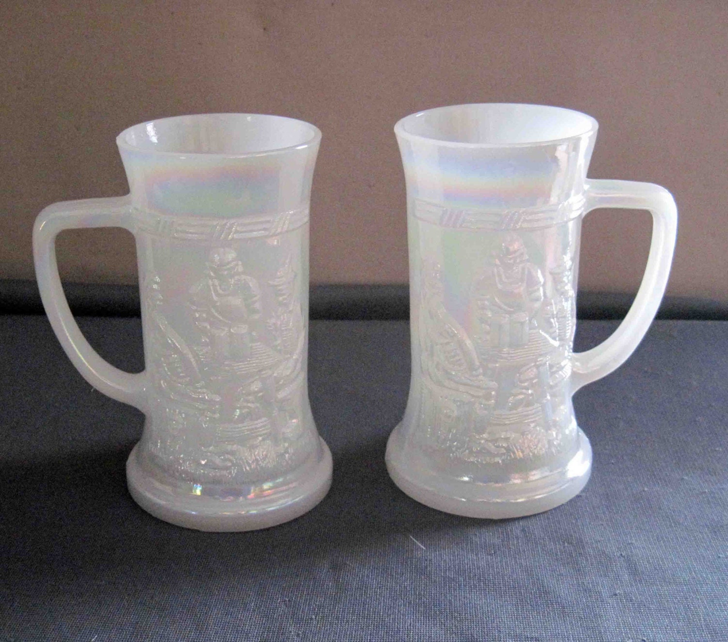 Federal White Milk Glass Iridescent Set Of 2 Mugs 1950s Federal White Milk Glass Iridescent Set Of 2 Mugs 1950s