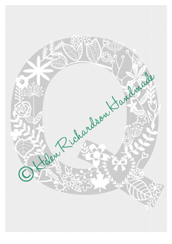 Floral Alphabet letter Q paper cutting template for