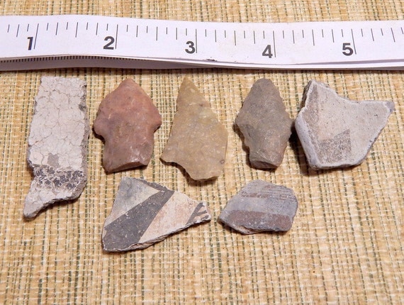 3 Archaic Arrowheads And 4 Pieces Anasazi Pottery Shards