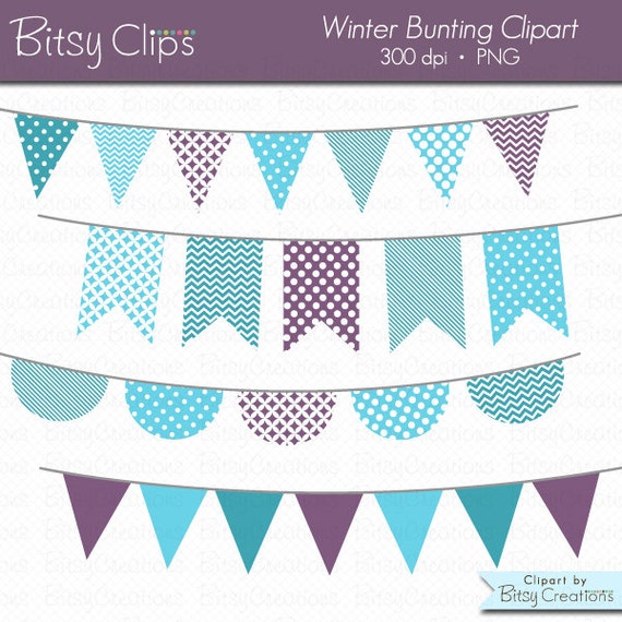Winter Bunting Clipart Digital Art Set Blue Purple Banner Flag