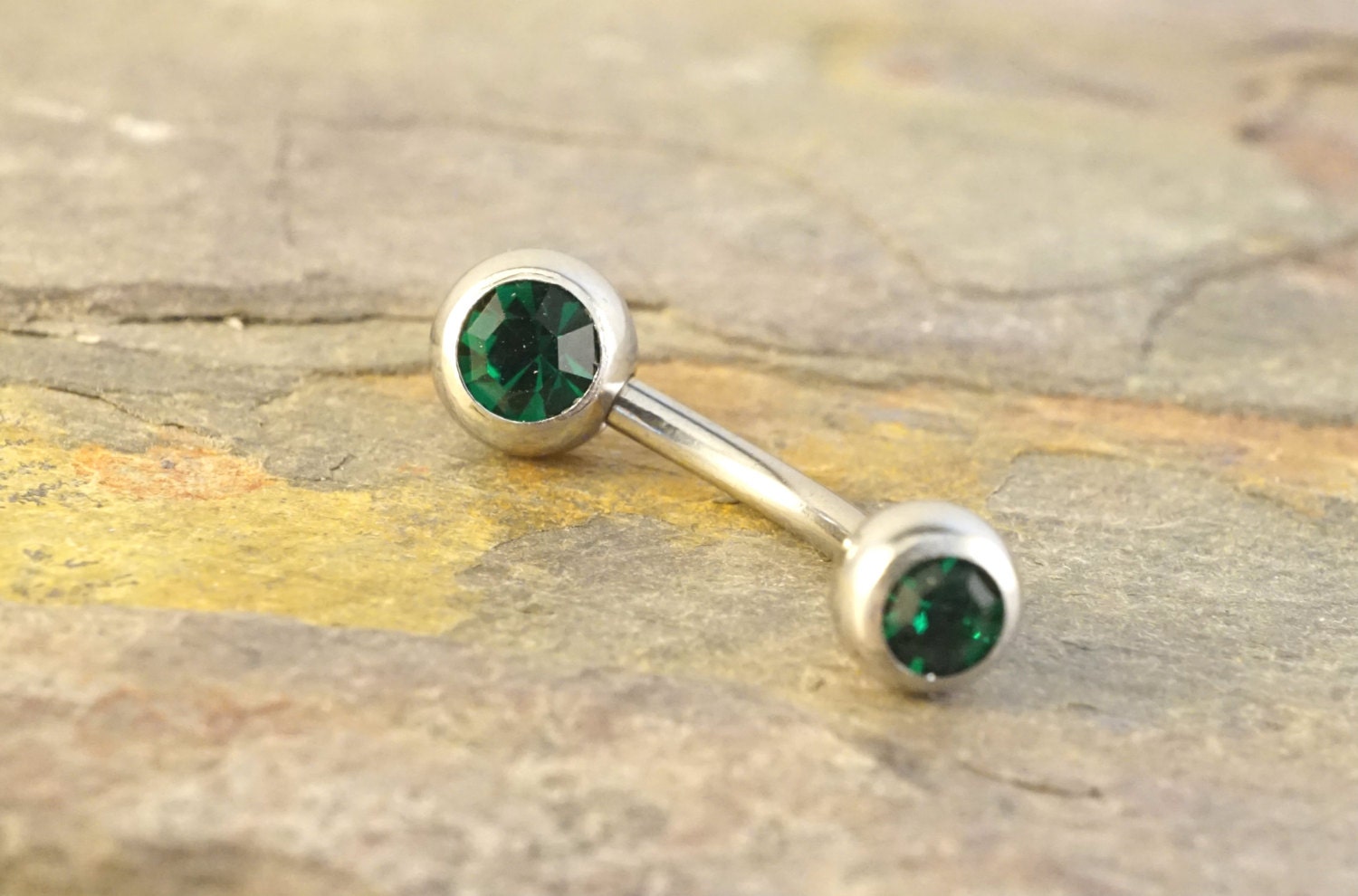 Simple Silver and Emerald Green Belly Button Ring by MidnightsMojo