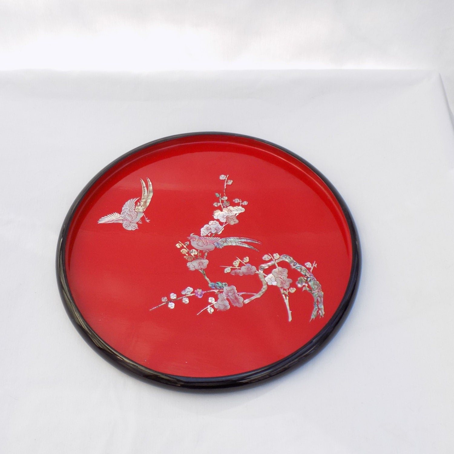 Red Black Round Lacquer Tray Abalone Shell Inlaid Birds