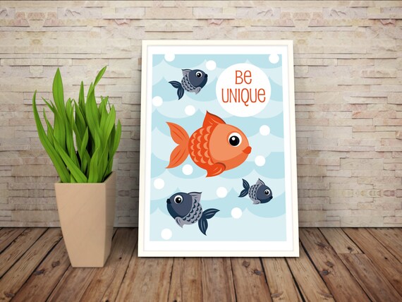 Printable Poster 'Be Unique' with fish design nursery