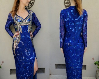 Vintage 80's Beaded Royal Blue Gown // Glitter // Sparkle // Formal ...