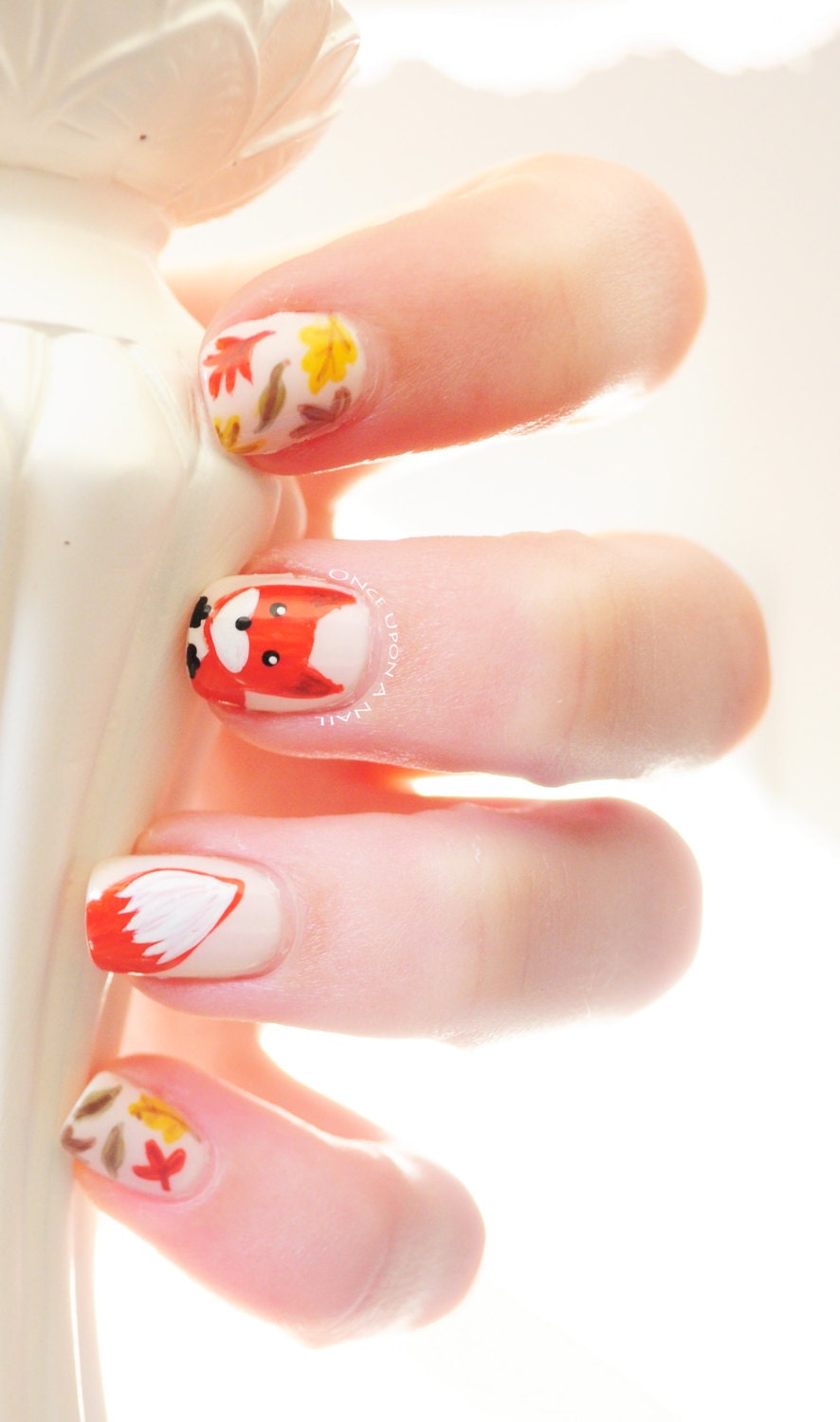 Fall Fox Hand Painted Fake Nails
