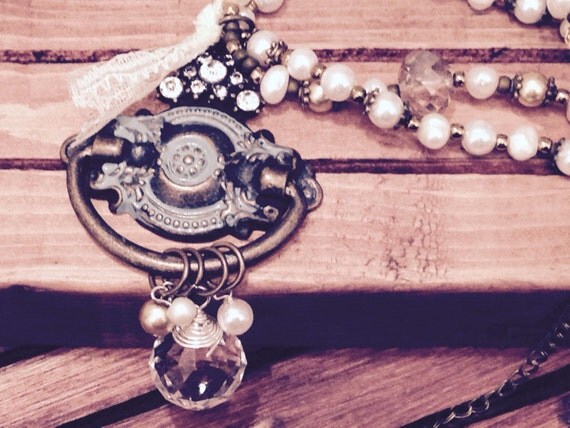 Items similar to Drawer pull pendant necklace with freshwater pearls on ...