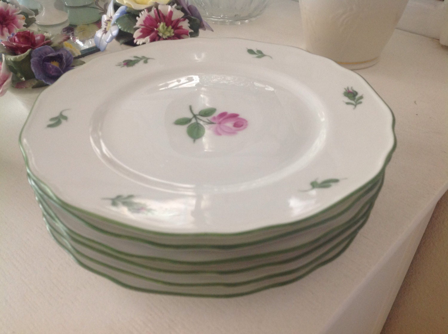Beautiful Fine China Salad Plates Pink Rose Green Trim Cactus Made In ...
