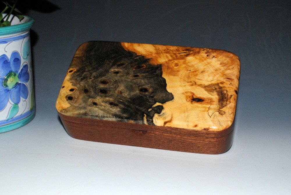 Handmade Wood “Oyster” Box – Buckeye Burl on Mahogany – Stash Box, Desk ...